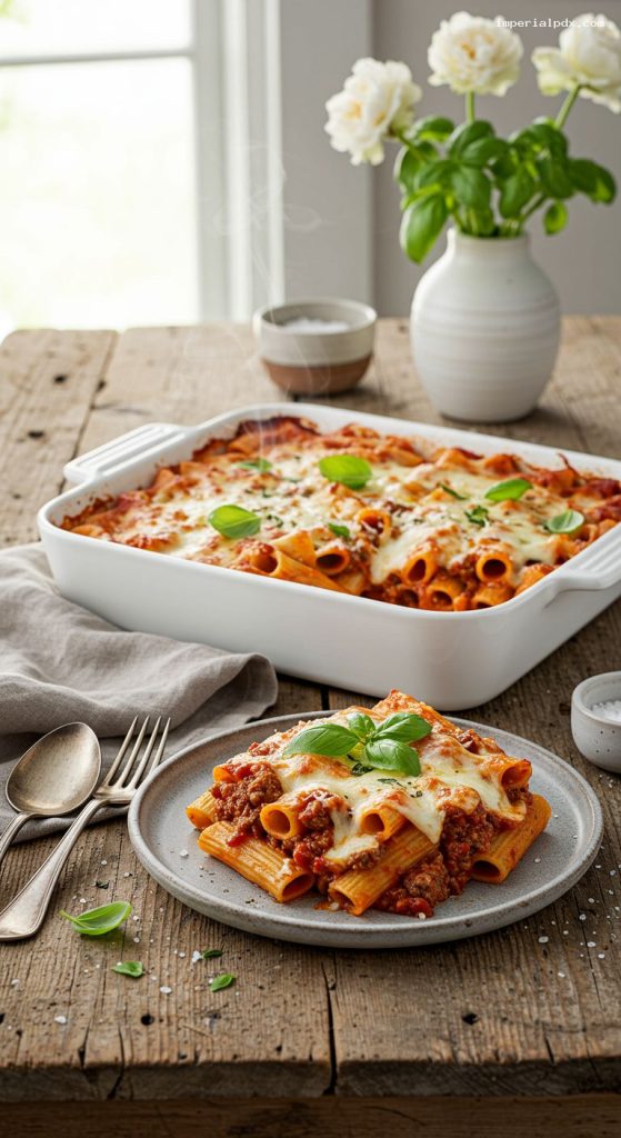 Cheesy Baked Beef Rigatoni with Ricotta and Mozzarella - Imperial Recipes
