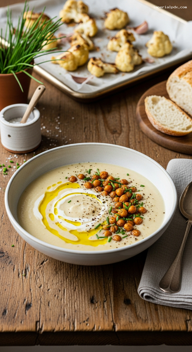 Creamy Roasted Cauliflower Soup with Crispy Chickpeas - Imperial Recipes