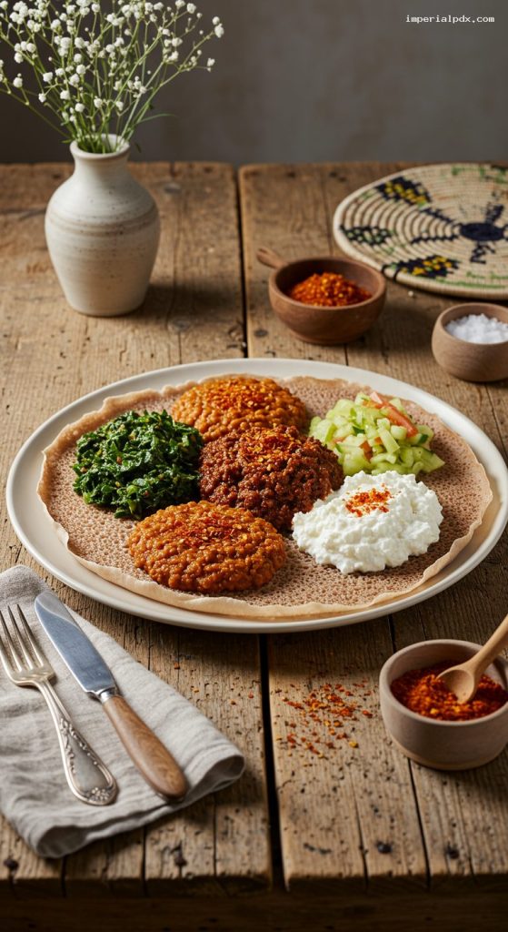 Ethiopian Kitfo with Ayib and Gomen on Injera – Imperial Recipes