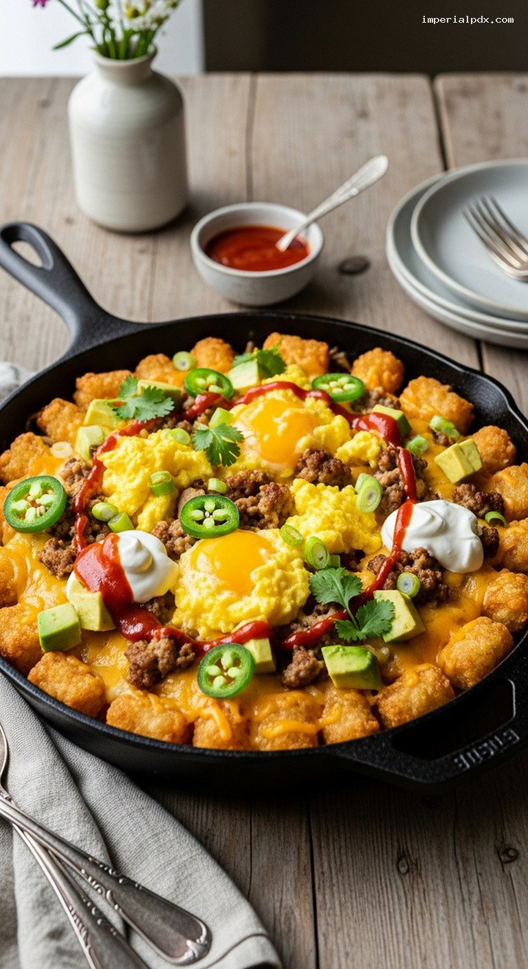 Loaded Breakfast Tater Tot Nachos with Sausage and Eggs – Imperial Recipes