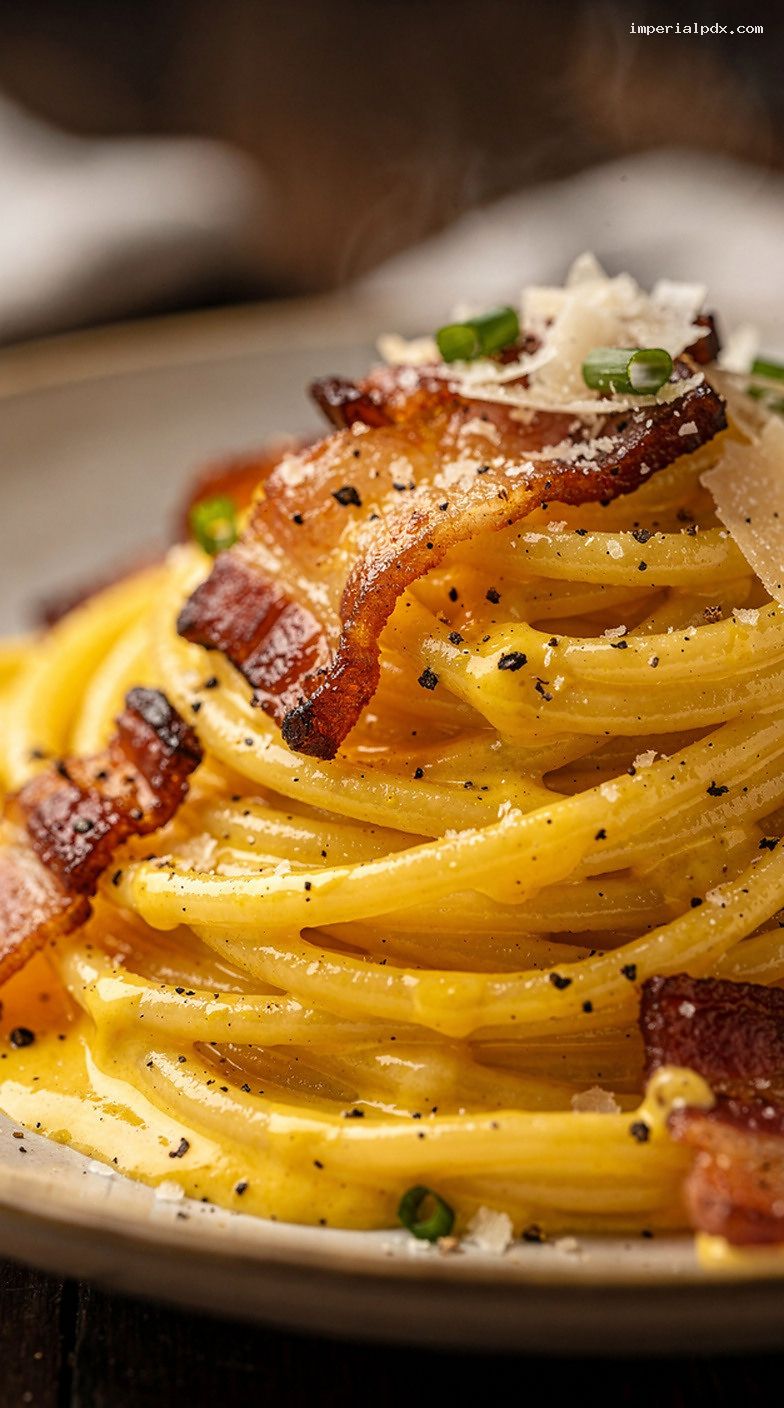 Breakfast Carbonara Pasta With Bacon, Parmesan, and Egg Yolk Sauce ...