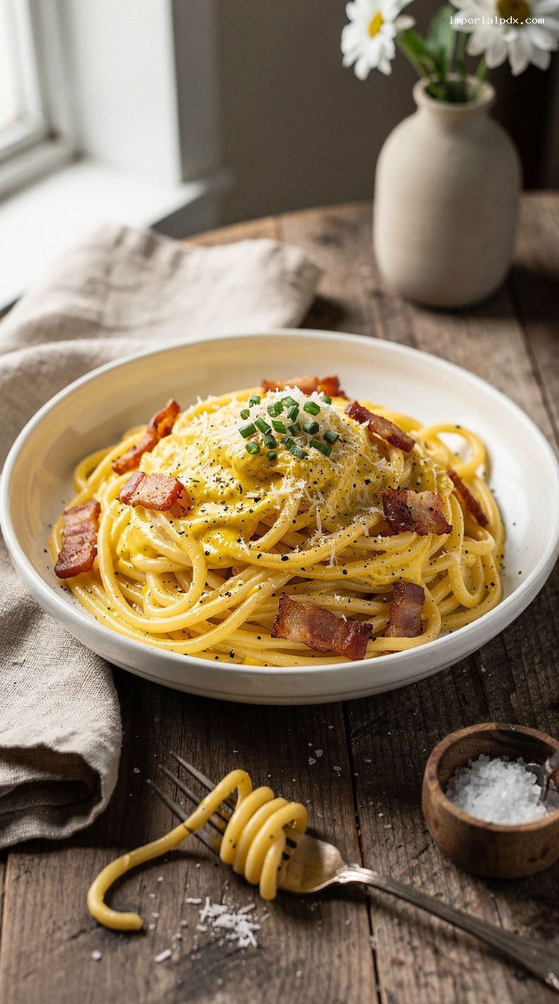 Breakfast Carbonara Pasta With Bacon, Parmesan, and Egg Yolk Sauce ...