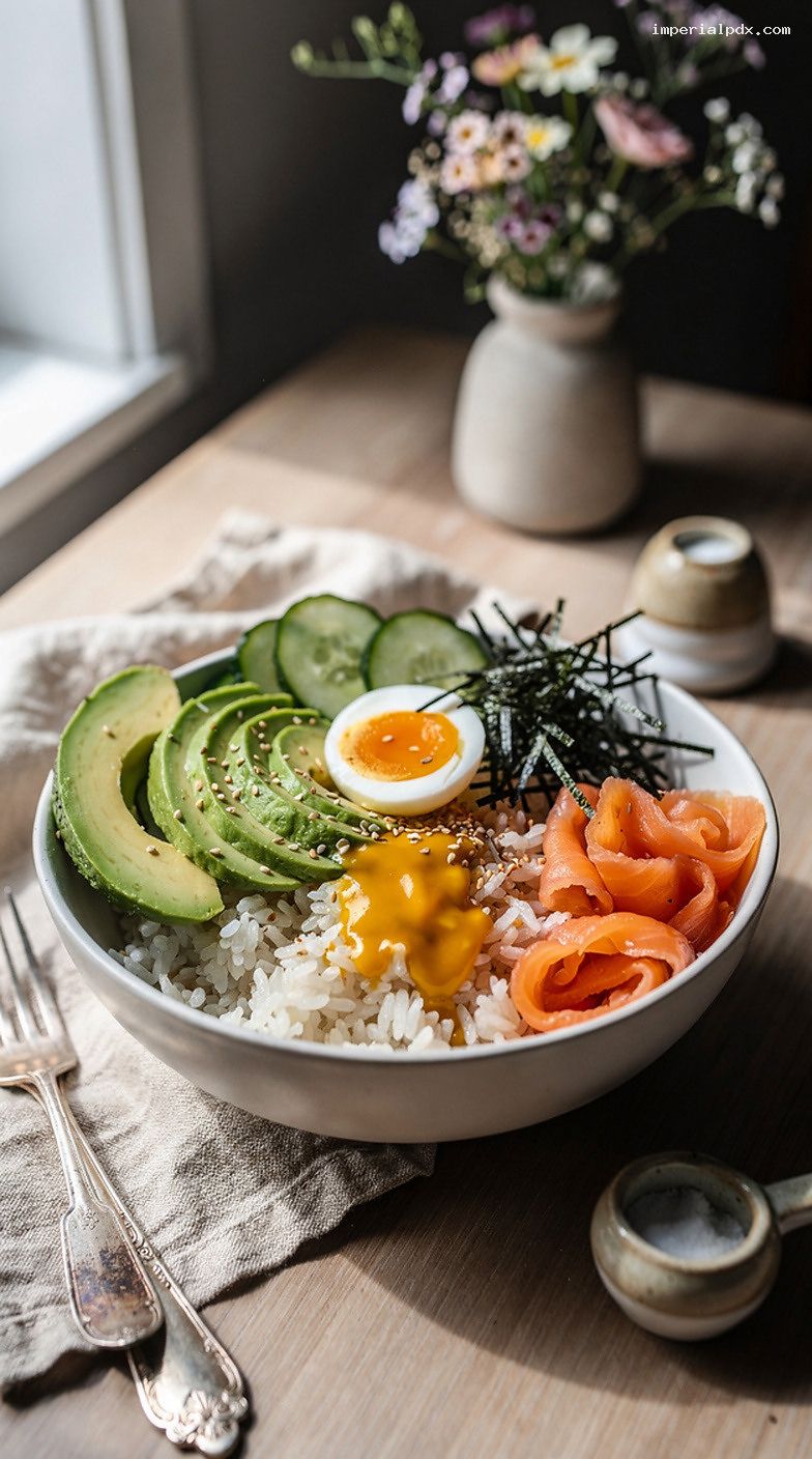 Breakfast Poke Bowl With Sushi Rice, Avocado, Cucumber, and Soft Egg ...