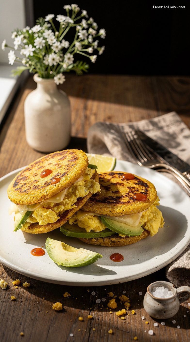 Cheesy Egg and Avocado Stuffed Arepas with Hot Sauce – Imperial Recipes