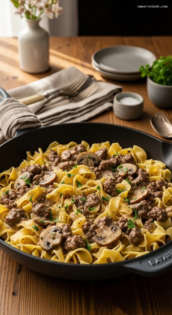 Creamy Ground Beef Stroganoff Skillet With Egg Noodles – Imperial Recipes
