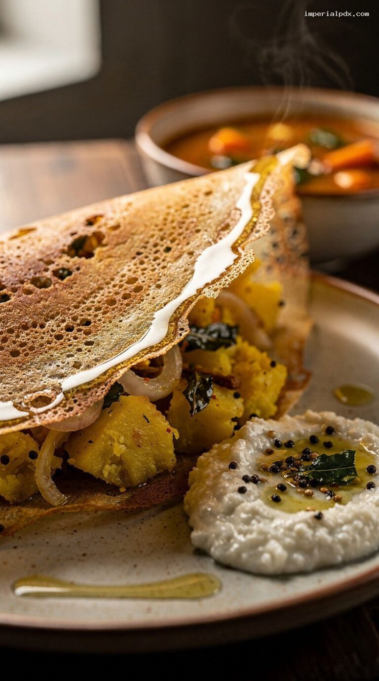Crispy Masala Dosa With Spiced Potato Filling, Chutney, and Sambar ...