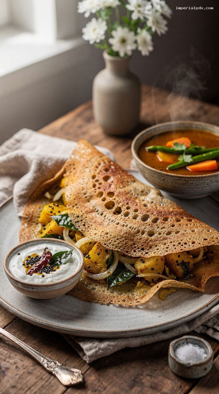 Crispy Masala Dosa With Spiced Potato Filling, Chutney, and Sambar ...