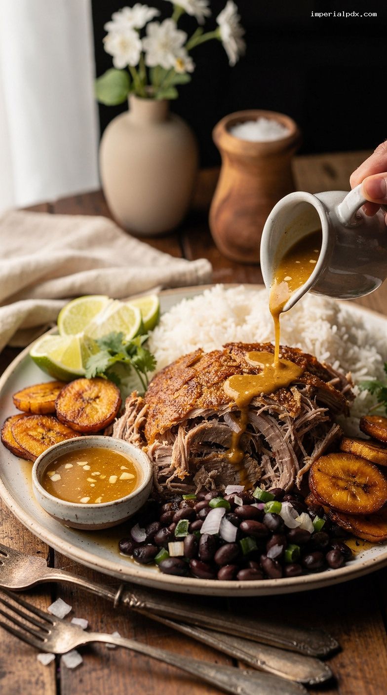 Cuban Mojo Roast Pork Platter With Rice, Beans, and Plantains ...