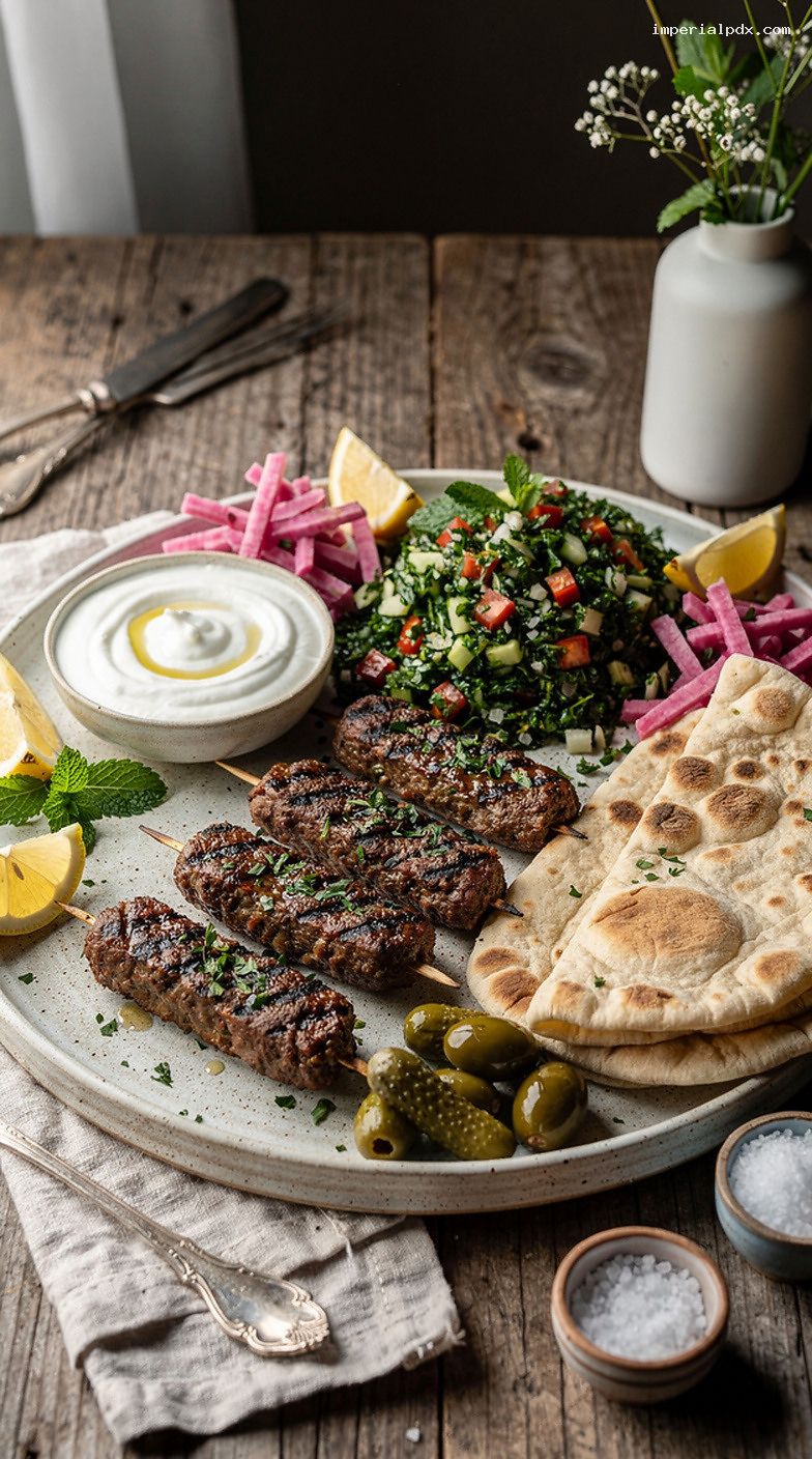 Lebanese Kofta Kebab Platter With Toum, Tabbouleh, and Flatbreads ...