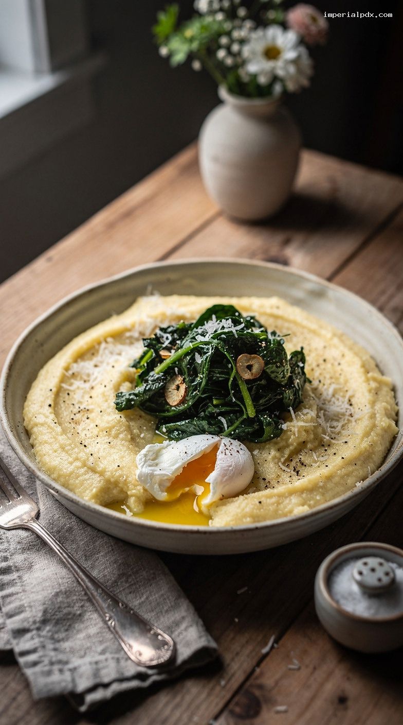 Parmesan Polenta Breakfast Bowl with Garlicky Greens and Poached Egg ...