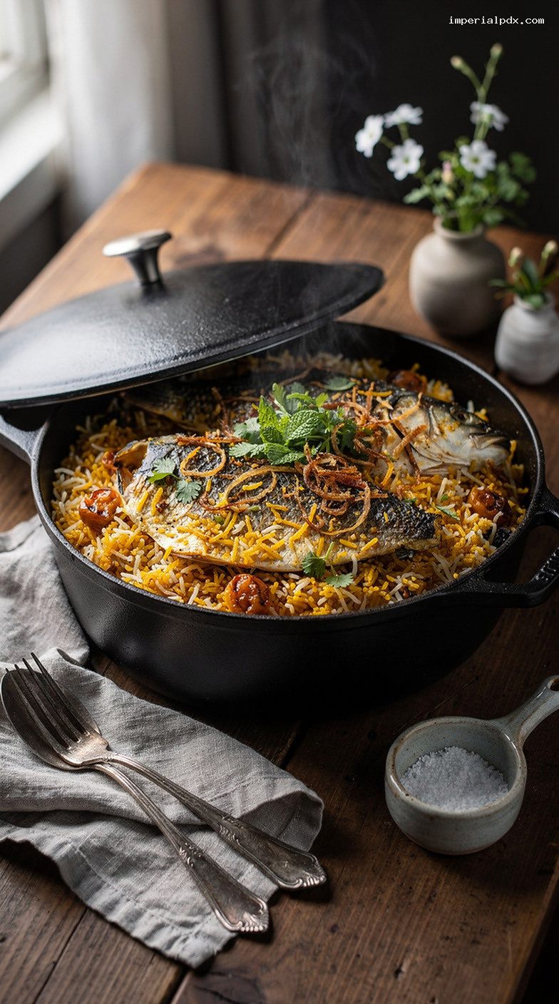 Saffron Fish Biryani With Mint, Fried Onions, and Yogurt Marinade ...
