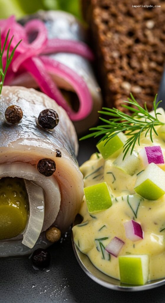 Scandinavian Pickled Herring Platter with Rye, Pickled Onions and Sour ...