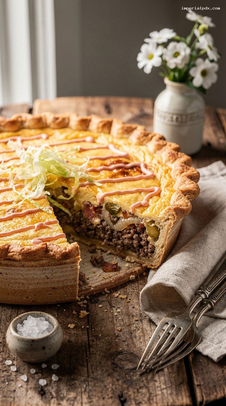 Bacon Cheeseburger Pie with Cheddar and Burger Toppings – Imperial Recipes