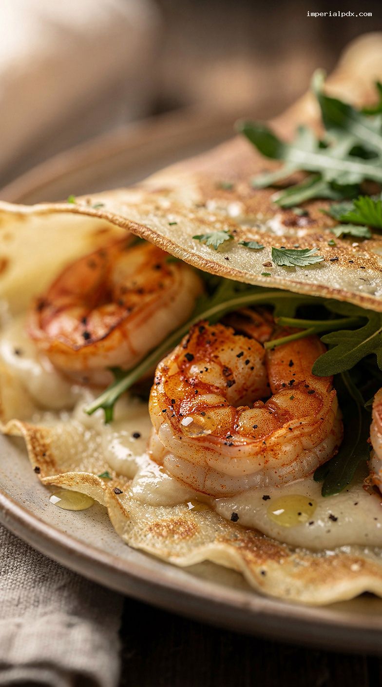 Cajun Shrimp Crepes With Creamy Garlic Sauce and Greens – Imperial Recipes