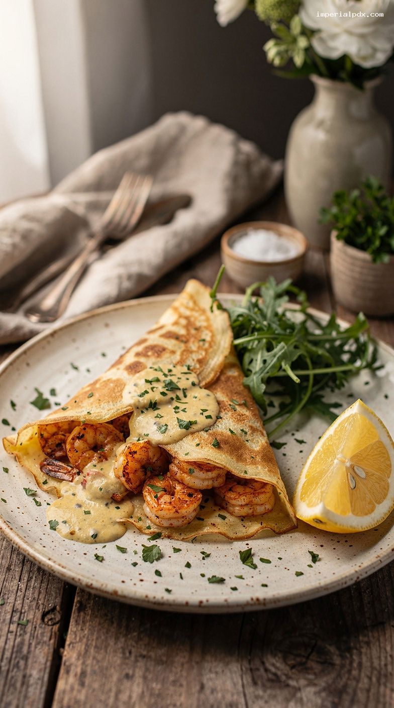 Cajun Shrimp Crepes With Creamy Garlic Sauce and Greens – Imperial Recipes