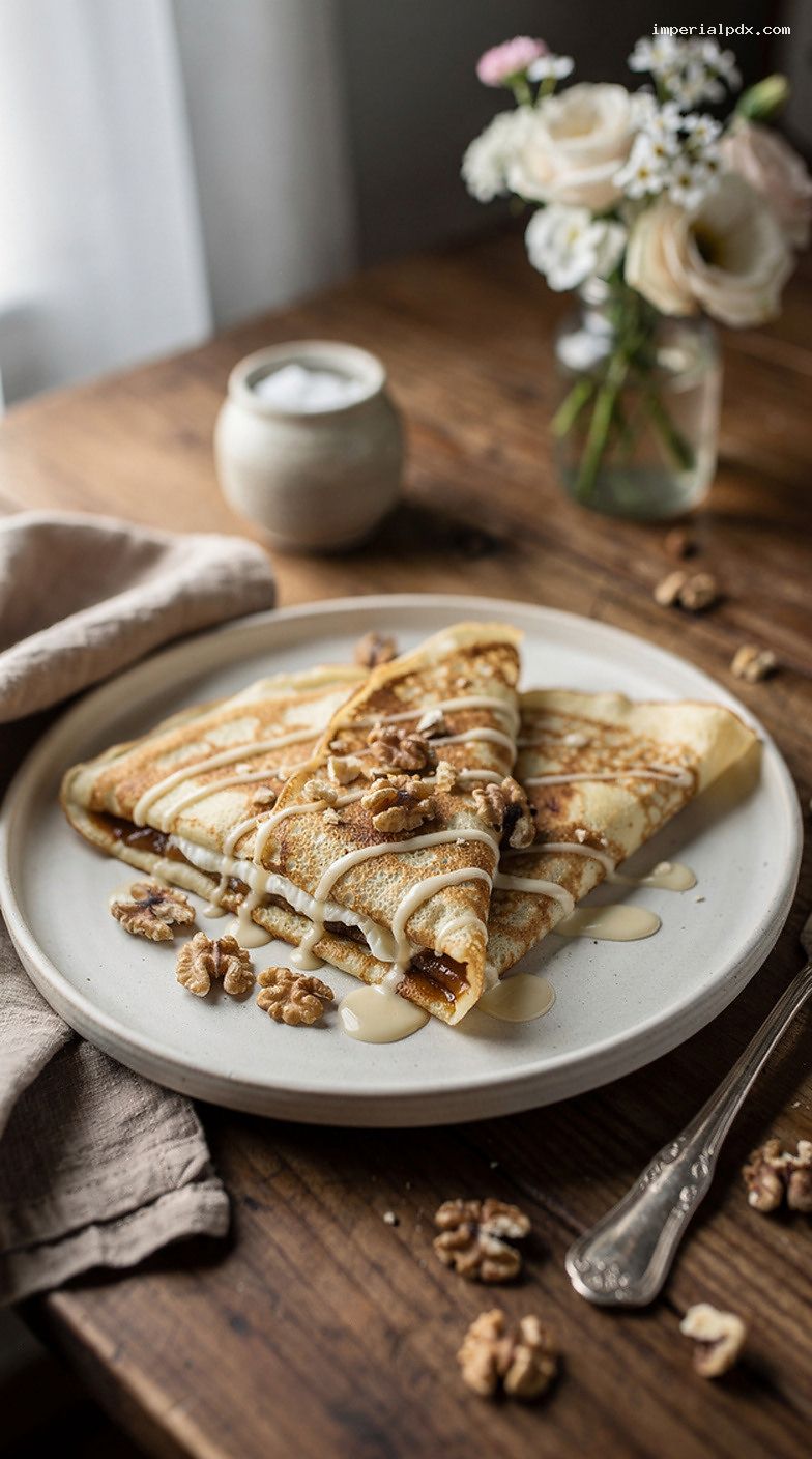 Cinnamon Roll Cream Cheese Crepes With Vanilla Glaze and Walnuts ...