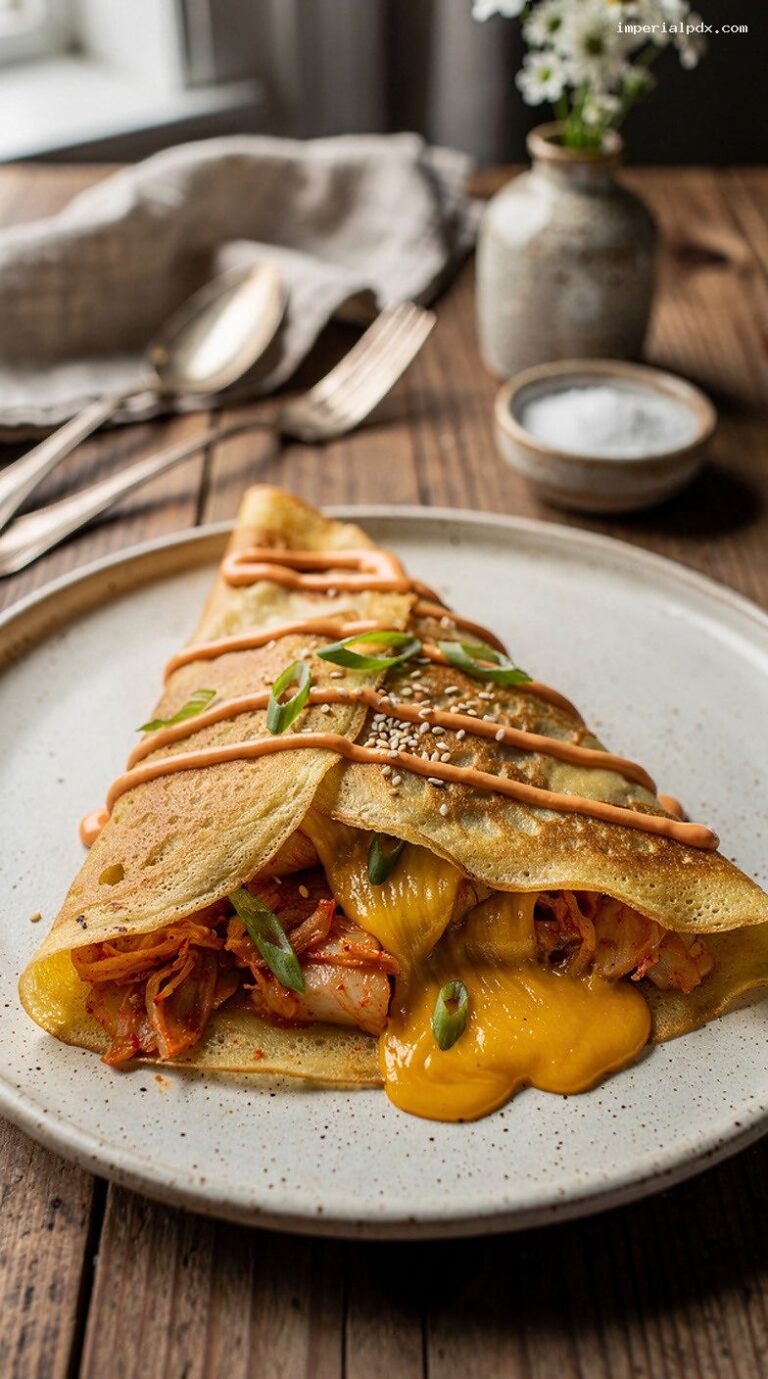 Kimchi Cheddar Scallion Crepes With Sriracha Mayo – Imperial Recipes