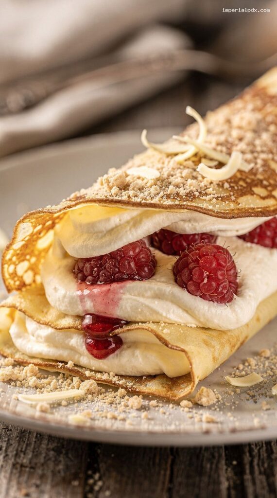 Raspberry White Chocolate Cheesecake Crepes with Vanilla Wafer Crumble ...